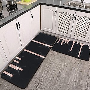 SXCVD 2 Pcs Kitchen Rug Set Sparkly Glitter Drips Pink Rose Gold Blush Black Non-Slip Kitchen Mats and Rugs Soft Flannel Non-Slip Area Runner Rugs Washable Durable Doormat Carpet