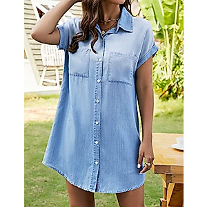 Women Denim Shirt Dresses Short Sleeve Distressed Jean Dress Button Down Casual Tunic Tops Blue XXL