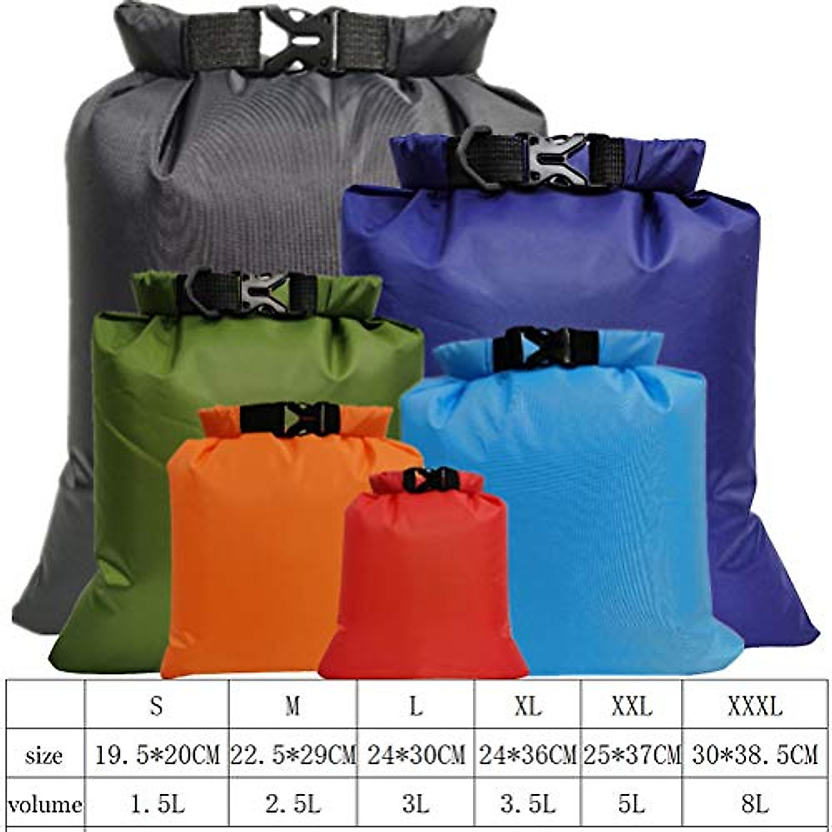 Pimoys 6 Pack Waterproof Dry Bags, Lightweight Outdoor Dry Sacks Ultimate Dry Bags for Kayaking Rafting Boating Camping (1.5L, 2.5L, 3L, 3.5L, 5L, 8L)