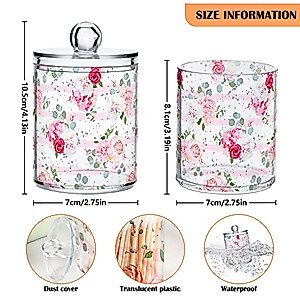 Coikll Romantic Pink Red Rose Qtip Holder with Lid 2PCS Apothecary Jars Storage Containers, Clear Plastic Canister for Cotton Swab,Floss Picks, Cosmetics
