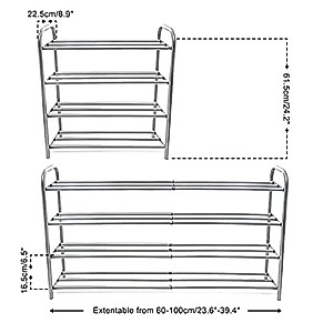 GUANJUNE 4 Tier Extendable Shoe Rack Organizer,Heavy Duty Metal Shelf Organize Holds Upto 20 Pairs Shoes,Space Saver Rack for Wardrobe