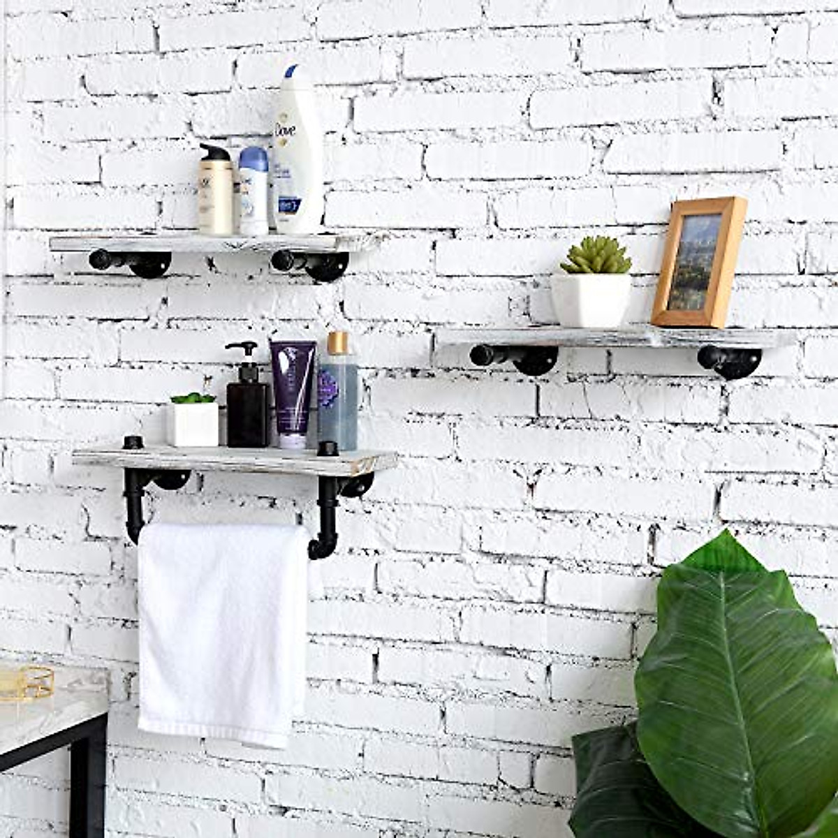MyGift Wall Mounted White Washed Solid Wood Floating Shelf Organizer, 3 Piece Set Mounted Bathroom Display Shelf with Towel Bar and Industrial Metal Pipe Brackets