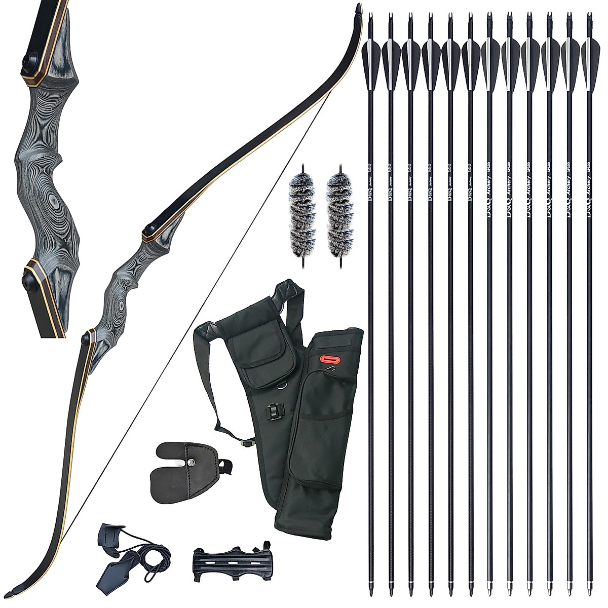 D&Q 60'' Archery Bow and Arrow Set for Adults, Hunting Bow, Recurve Bows for Adults Right Hand, Black Hunter Longbow Bow and Arrow Adult Beginner, Archery Set with 12pcs Fiberglass Arrows (50lbs)