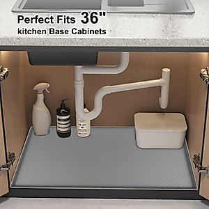 Under Sink Mat,PRETIRENO 34" x 22" Silicone Under Sink Liner for Kitchen & Bathroom Sink Base Cabinets,Under Sink Drip Tray with Lip, Grey