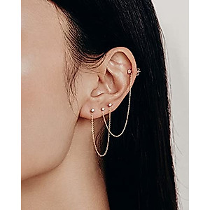 BRAYEG Gold Chain Earrings Double Piercing 3mm Cubic Zirconia 7cm Long Chain Double Stud Earrings Hypoallergenic Jewelry Gift for Women