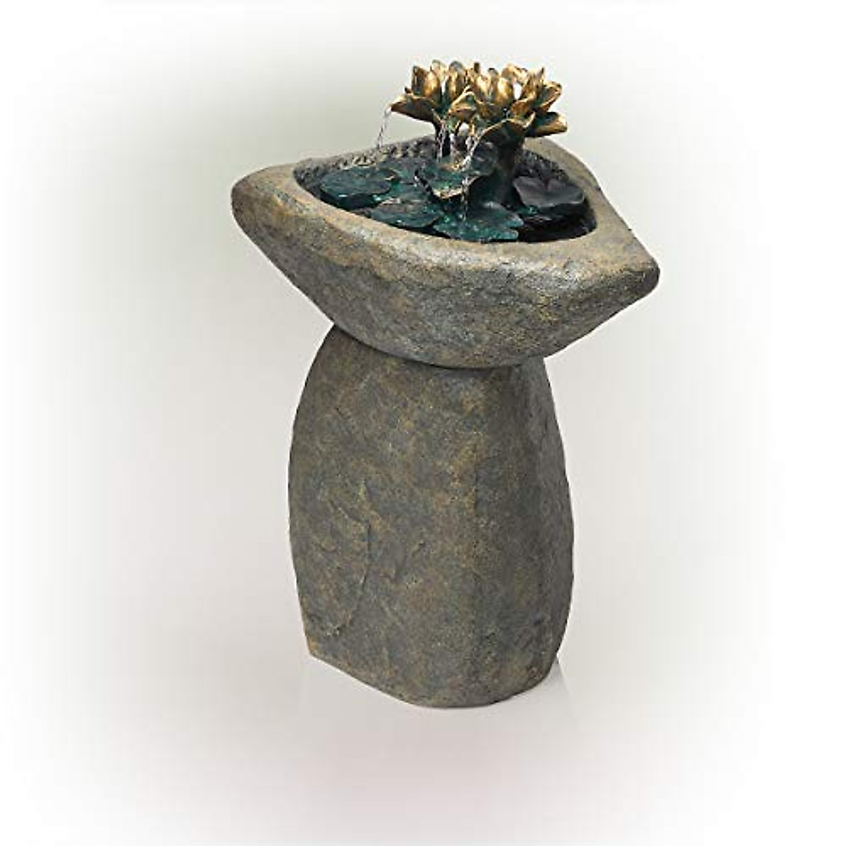 Alpine Corporation 30" Tall Outdoor Pedestal Lotus Rock Waterfall Fountain with LED Lights, Brown/Gray