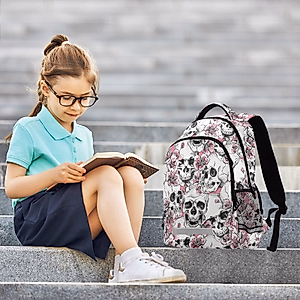 MNSRUU School Backpack with Chest Strap, Halloween Skull Flowers And Pink Cherries Laptop Backpack, Travel Hiking Backpack for Boys Girls, Rucksack, Knapsack