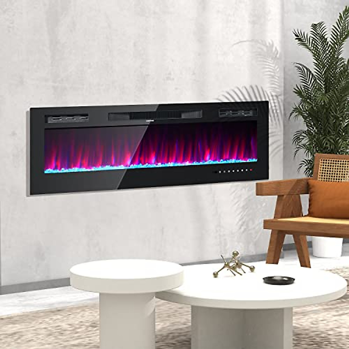 oneinmil Electric Fireplace, 50 inch Wide Recessed/Wall Mounted/Free Standing Electric Fireplace, Remote Control with Timer 12 Adjustable Color Flame, Remote Control,with Crystal Stone, 750/1500W
