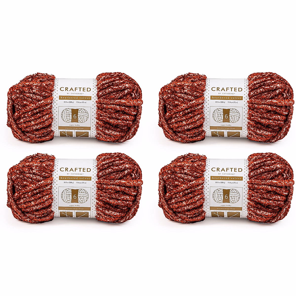 Crafted By Catherine Heathered Velvet Yarn - 4 Pack (300 g / 10.5 oz, 77.6 Yards Each Skein), Red, Gauge 6 Super Bulky