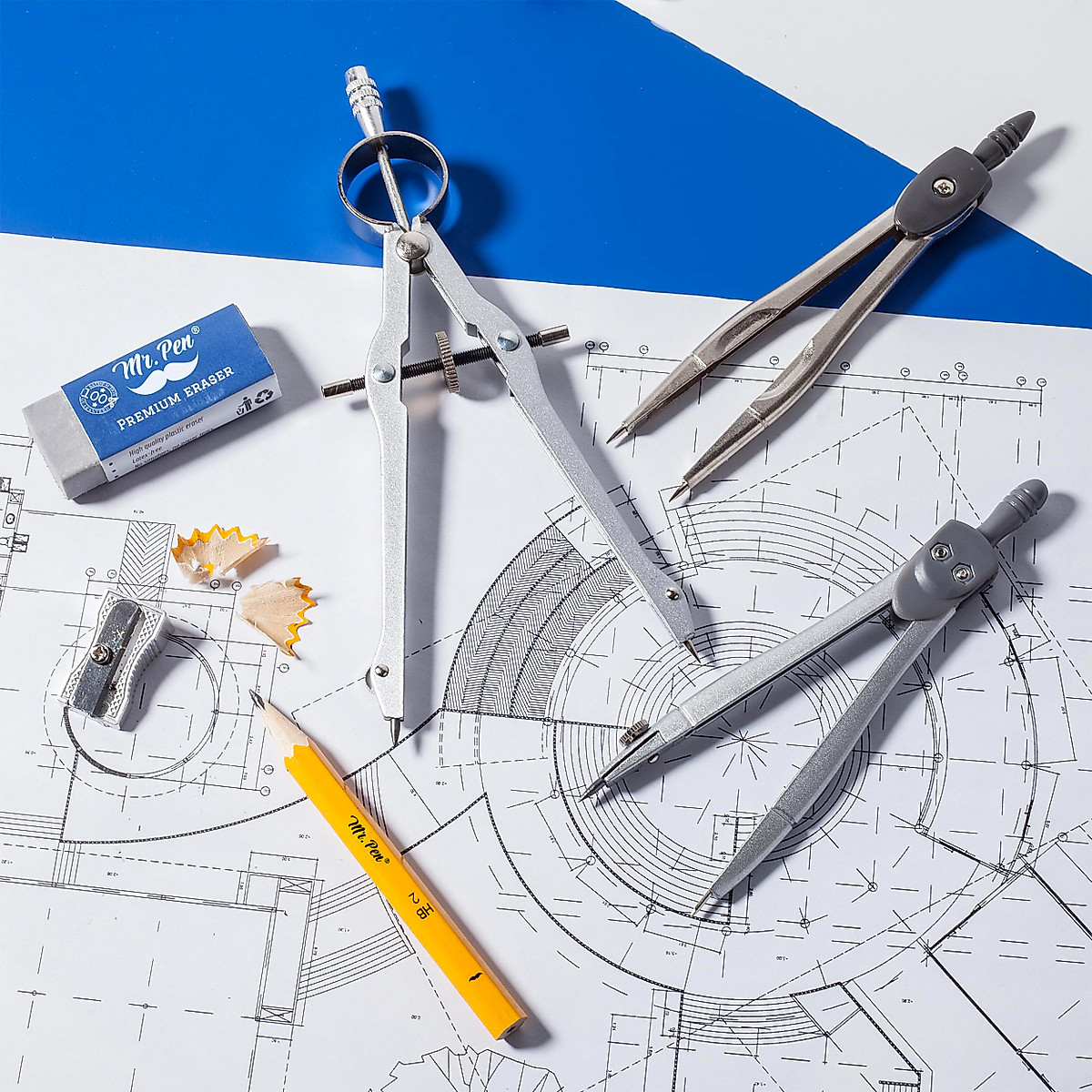 Mr. Pen Geometry Set with 6 Inch Swing Arm Protractor, Divider, Set Squares, Ruler, Compasses and Protractor, 15 Piece Set