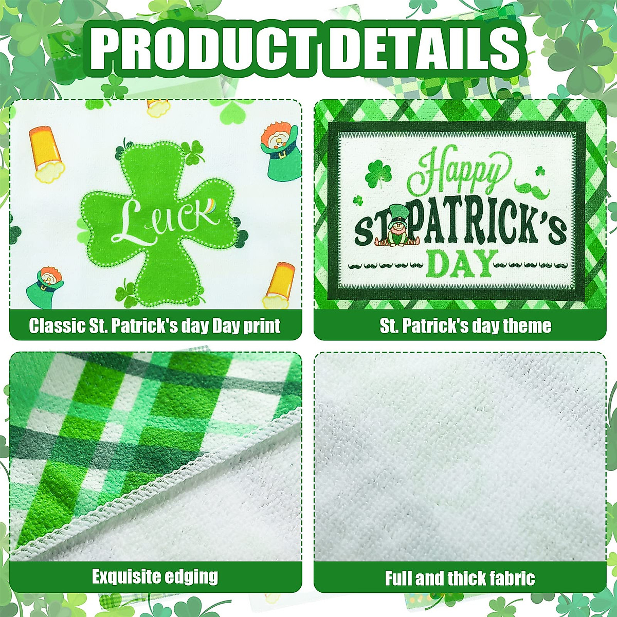 Tudomro 6 Pieces St Patrick's Day Dish Towels 27.6 x 17.7 Inch Shamrock Clover Green Plaid Kitchen Hand Dish Towels Happy St. Patrick's Day Dish Towels Fabric Wash Cloth for Home Kitchen, 6 Styles