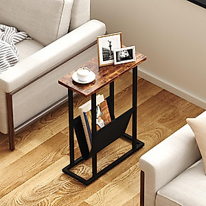 Narrow Side Table for Small Spaces, Small End Table with Magazine Holder Table, Skinny Slim Little Thin Table for Living Room, Bedroom, Sofa, Rustic Brown