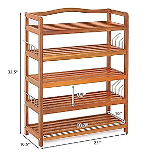 Giantex 5-Tier Shoe Rack, Acacia Wood Shoe Shelf with Side Metal Hooks, Holds up 12-18 Pairs, Shoe Organizer, Shoe Storage, Wooden Shoe Rack for Entryway, 25’’Lx10.5’’Wx32.5’’H