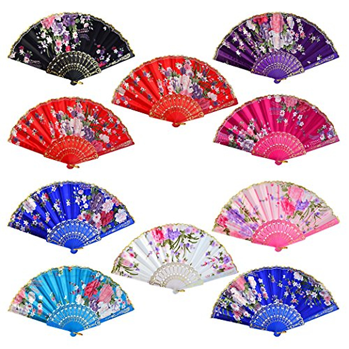 10pcs Floral Folding Hand Fan Flower Pattern Gold Side Lace Handheld Folding Fans Women Hand Folding Fans Vintage Retro Style Folding Fan
