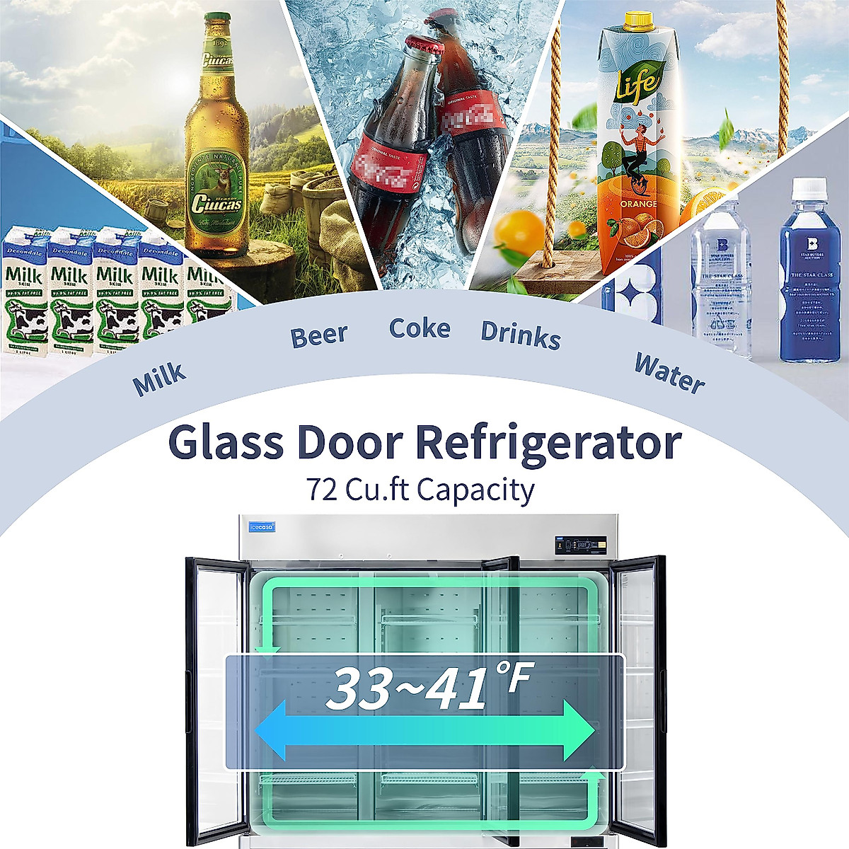 ICECASA 82" W Commercial Display Refrigerator 3 Glass Door Merchandiser Reach-in 72 Cu.ft Stainless Steel Display Refrigerator Fan Cooling for Restuarant, Bar, Shop, etc