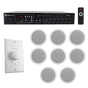 Rockville Commercial Restaurant Amp+(8) 6 inches White Ceiling Speakers+Wall Control