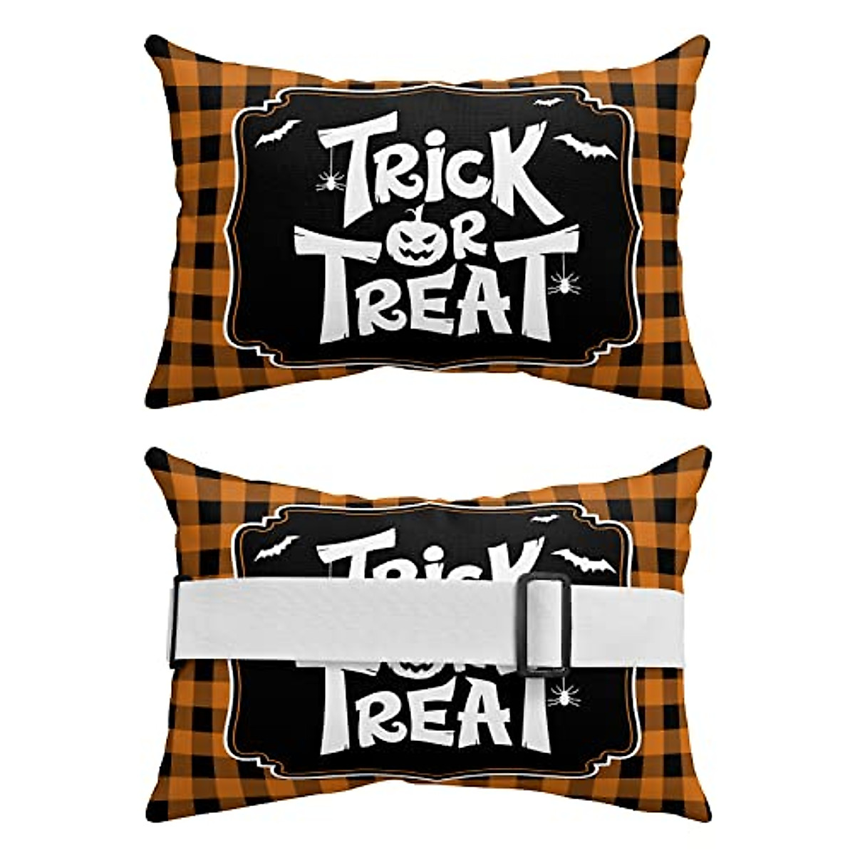 Recliner Head Pillow Ledge Loungers Chair Pillows with Insert Trick or Treat Pumpkin on Buffalo Plaid Lumbar Pillow with Adjustable Strap Outdoor Waterproof Patio Pillows for Beach Pool, 2 PCS