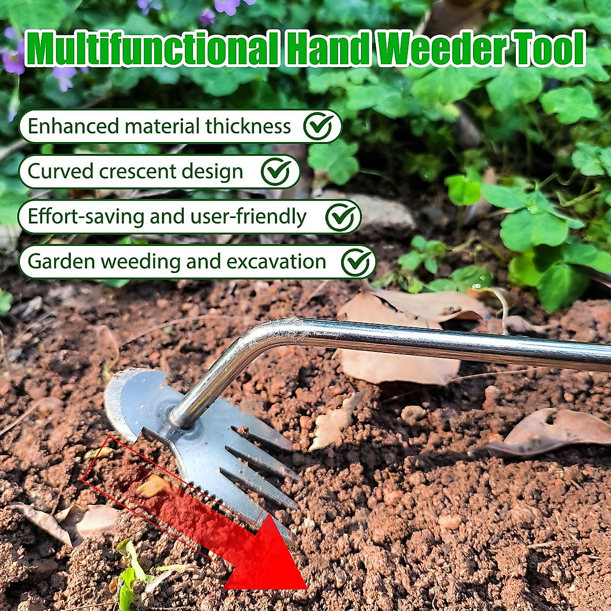 Amposei Weeding Artifact Uprooting Weeding Tool, Multifunctional Weeder, Hand Weeder Tool, Stand Up Weed Puller Tool with Handle for Garden Yard Farm Weed Removal (11in, Wood Handle)