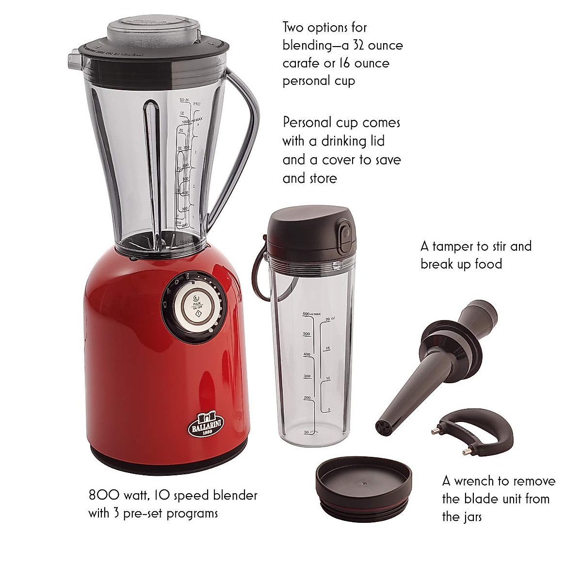 Ballarini Tesoro Countertop Blender - Cherry Red, Made in Italy