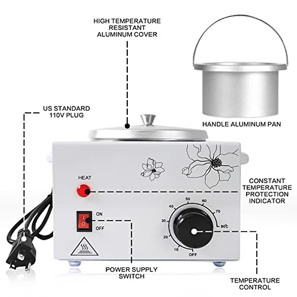 Portable Wax Warmer Machine for Painless Hair Removal, Women Men Professional Wax Heater with Adjustable Temperature Set,20pcs Wax Sticks (White - Single Pot)