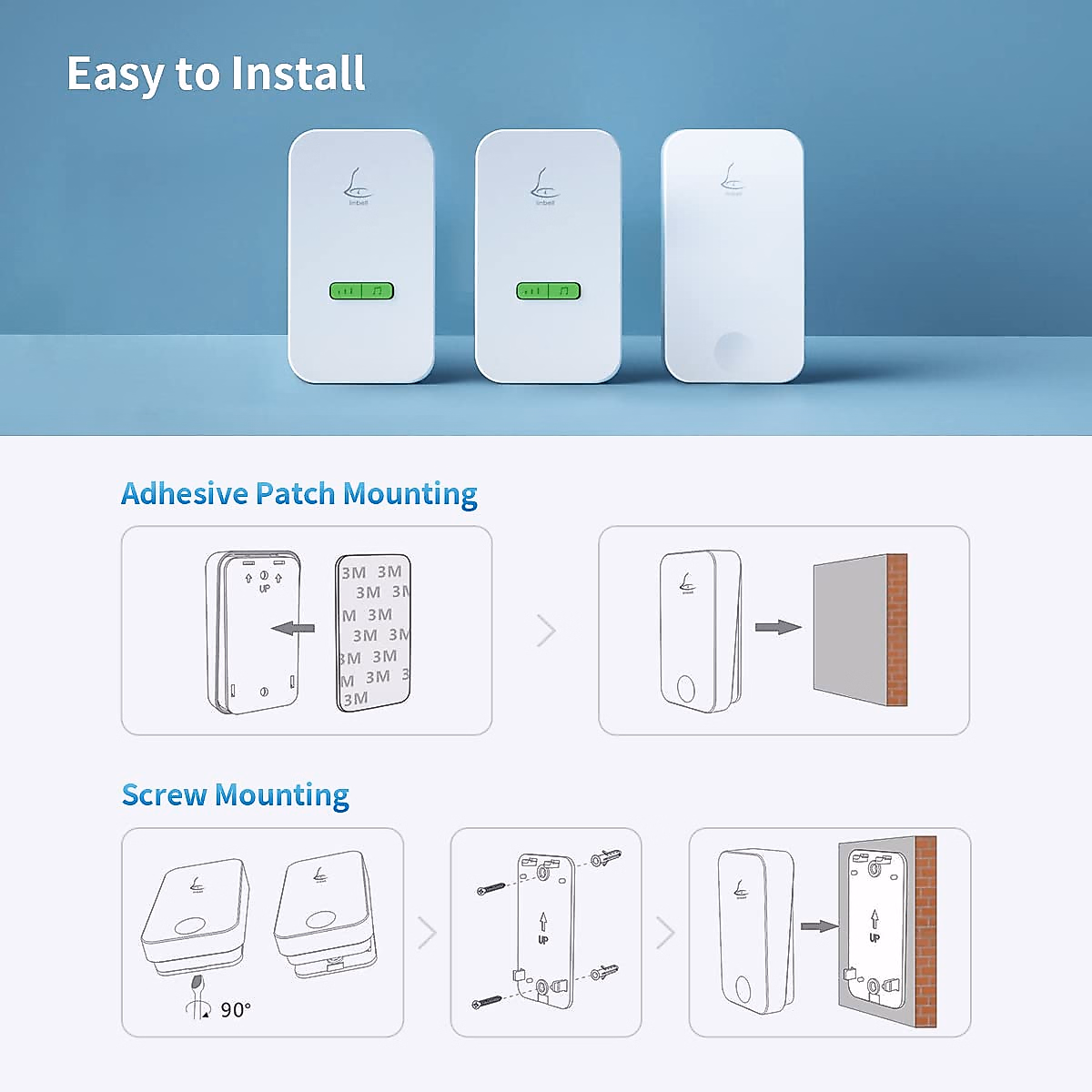 Door Bell Ringer Wireless, Batteryless Wireless Doorbell Loud Enough, Smart Remote Wireless Doorbells for Home Apartment Classroom Office, One Self-Powered Push Button & Two Plug in Receivers, White