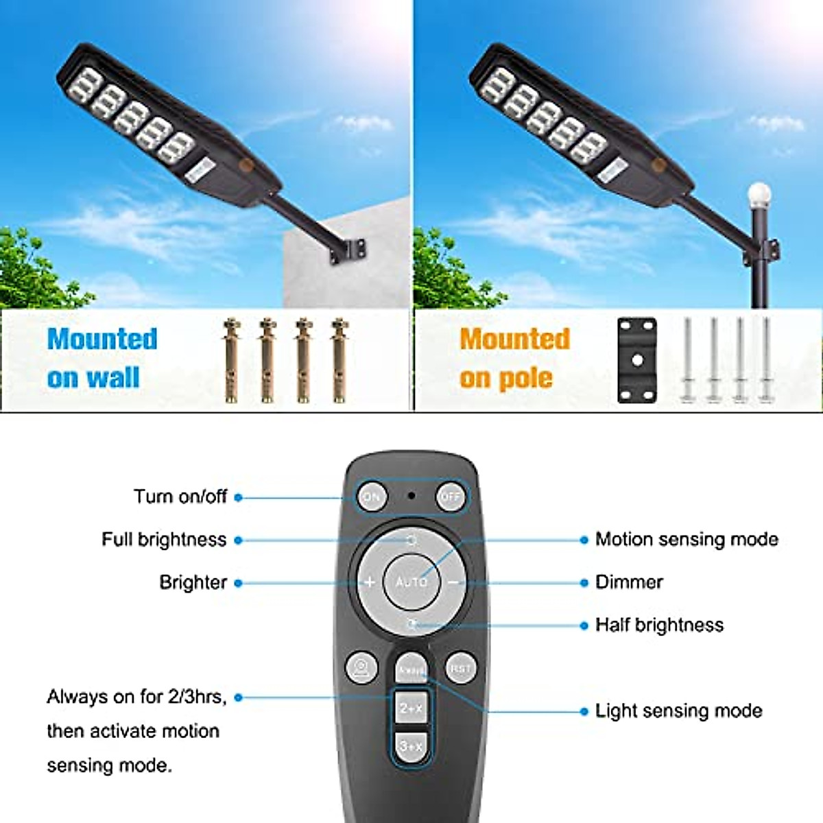 300W Solar Street Light, 2 Light Set Motion Sensor Dusk to Dawn 15000LM Solar Lights Outdoor with Remote Control, IP65 Waterproof Flood Security Light for Yard, Driveway, Garden, Parking Lot, Garage