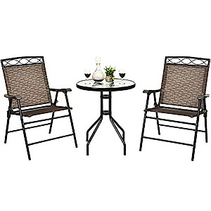 WYKDD 3 PCS Bistro Conversation Patio Pub Dining Set W/ 2 Folding Chairs & Glass Table Round Table