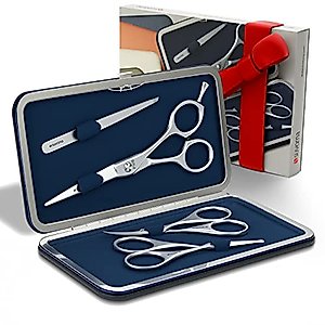 Suvorna Beard & Mustache trimming kit with Beard Scissors, Mustache Scissors, Facial Hair Scissors, Grooming Scissors, Ear Scissors, Nose Scissors, Eyebrow Scissors, and Tweezer Men. (4 Pcs Blue)