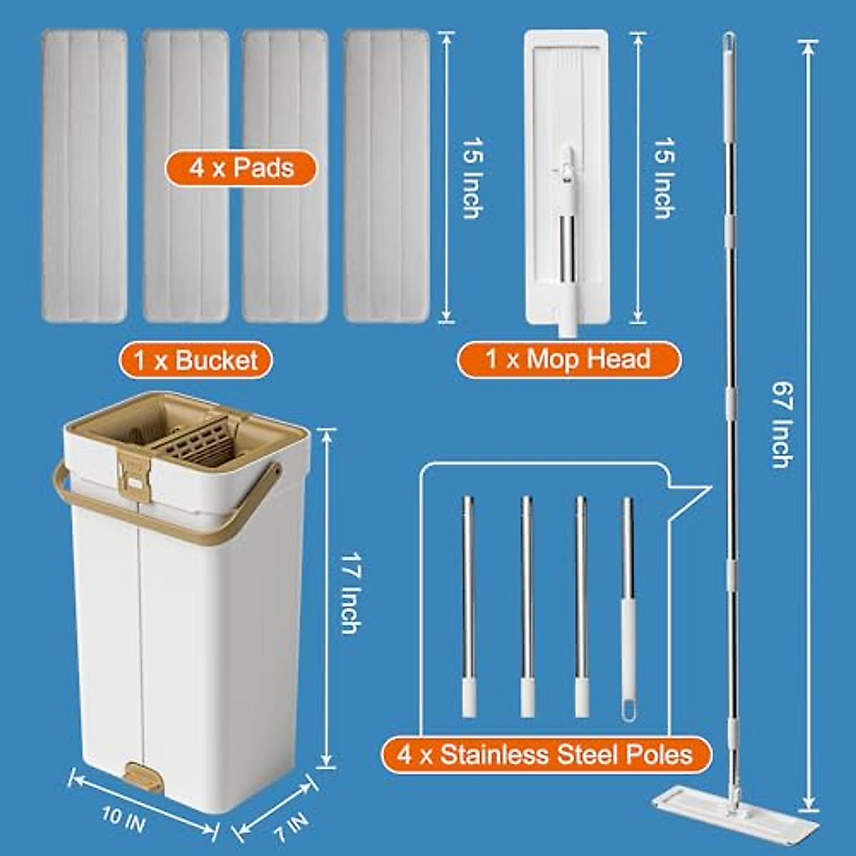 JEOPEM Flat Mop and Bucket with Wringer Set System, Mops for Hardwood Floor Cleaning with 4pcs Washable Microfiber Pads, Wet and Dry Use, Wood Floor Cleaner, Large Mop Head Length 38CM