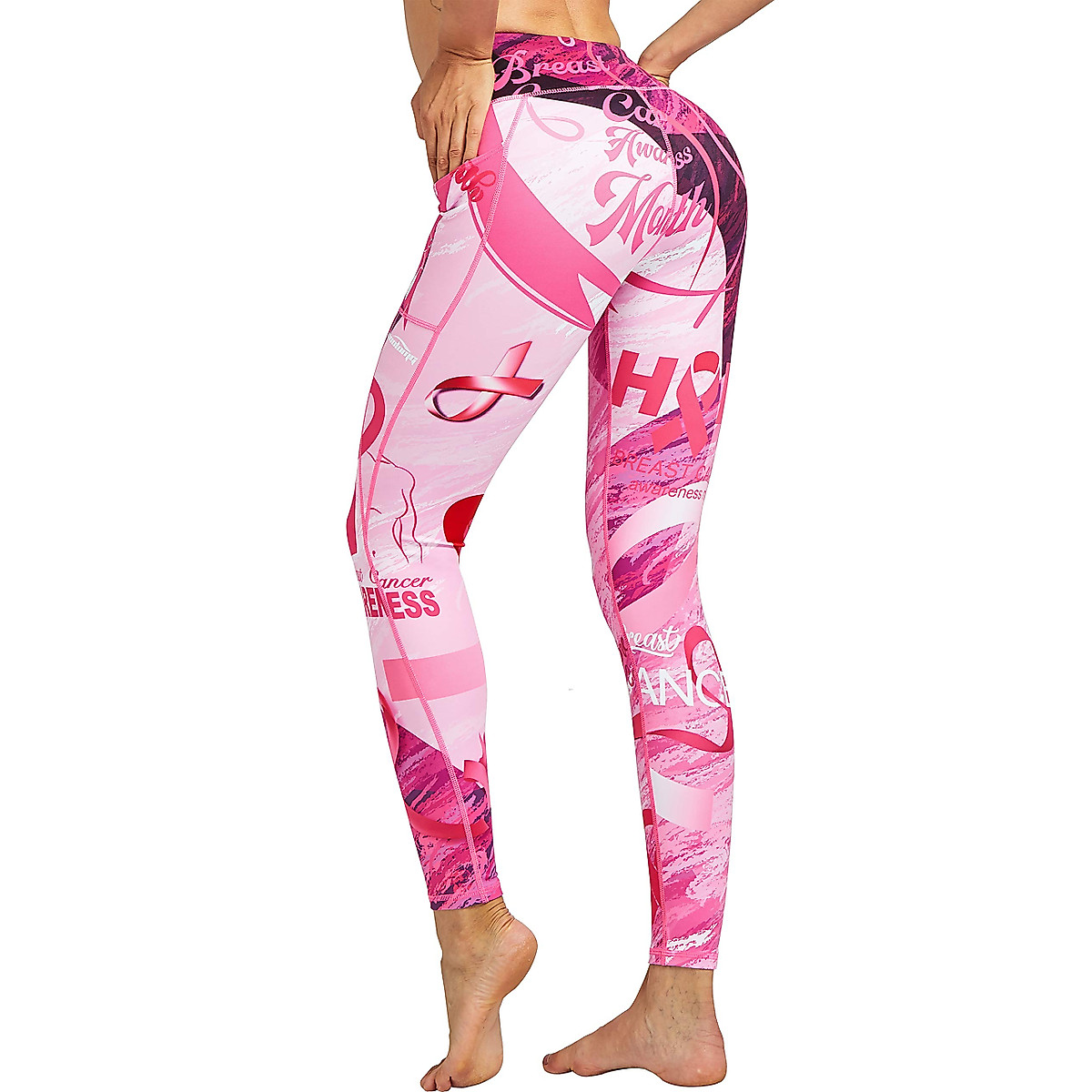 COOLOMG Breast Cancer Awareness Women Leggings Yoga Pants Workout Running Tights with Side Pockets Rosa Ribbon Printed XL