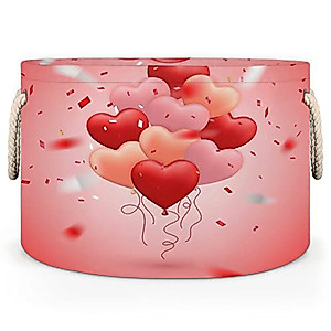 Red Valentines Day Love Heart (18) Large Round Baskets for Storage Laundry Baskets with Handles Blanket Storage Basket for Bathroom Shelves Bins for Organizing Nursery Hamper Girl Boy