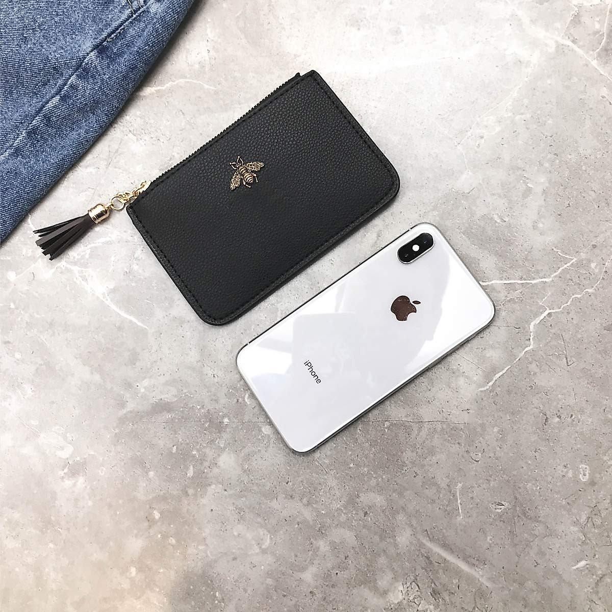 AnnabelZ Coin Purse Change Wallet Pouch Leather Card Holder with Key Chain Tassel Zip(Black)