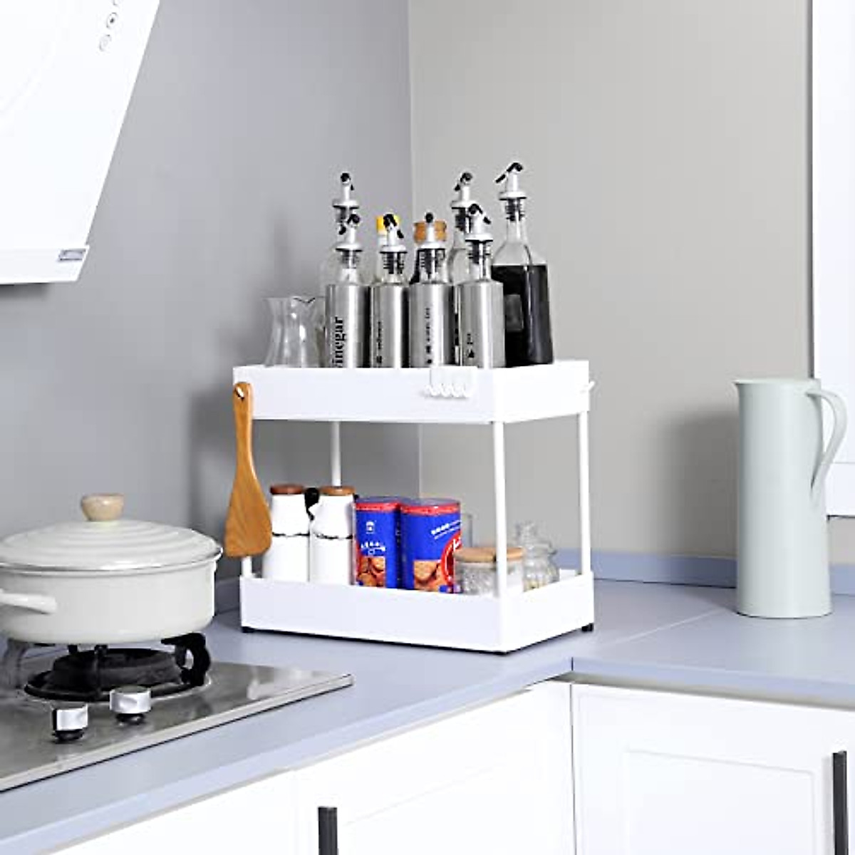 C&AHOME Under Sink Organizers, 2-Tier Kitchen Bathroom Storage Cabinet with Hooks, Counter top Storage Rack, Cabinet Organizer Baskets, Multipurpose Storage Shelf Ideal for Kitchen, Bathroom, White