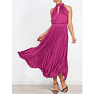 ANRABESS Women's Sleeveless Cutout Halter Neck Satin Formal Dress Smocked Pleated Asymmetric Party Cocktail Maxi Dress Elagant Wedding Guest Evening Graduation Prom Dress 752meihong-M Rose