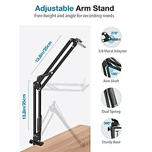 InnoGear Adjustable Mic Stand for Blue Snowball and Blue Snowball iCE Suspension Boom Scissor Arm Stand with Microphone Windscreen and Dual Layered Mic Pop Filter, Max Load 1.5 KG, Medium