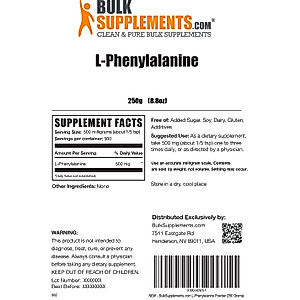 BulkSupplements.com L-Phenylalanine Powder - Phenylalanine Supplement, L-Phenylalanine 500mg - Amino Acids Supplement, Gluten Free, 500mg per Serving, 250g (8.8 oz) (Pack of 1)