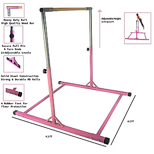 Kids Kip Bar Jungle Gym Professional Horizontal Gymnastics Asymmetric Bar Height Adjustable Expandable 3 to 5 FT Pink