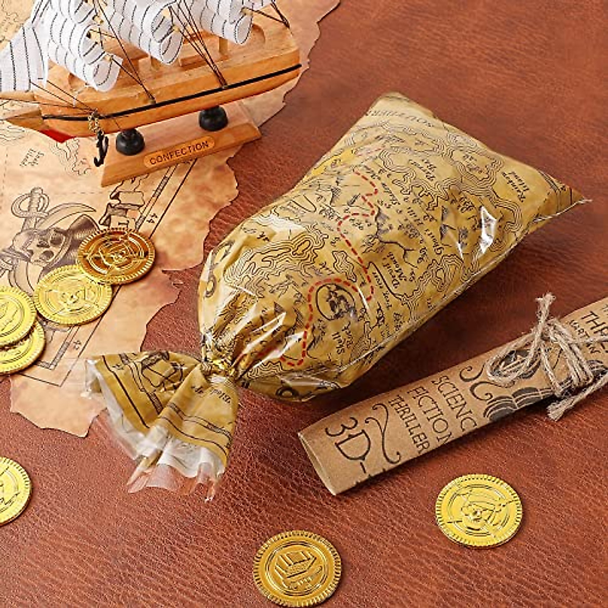 100 Pieces Pirate Party Cello Bags Pirate Treat Bags Goodie Treasure Map Island Treat Bags for Pirate Party Favors Supplies with Gold Twist Ties…