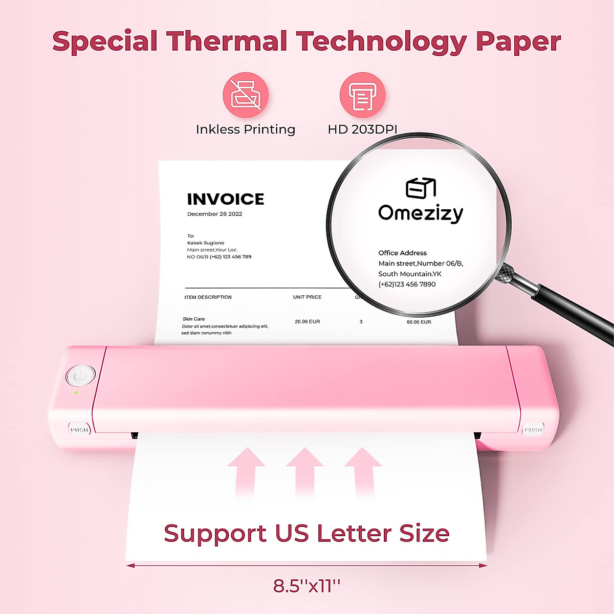 Portable Printers Wireless for Travel - Bluetooth Thermal Mobile Printer Support 8.5" X 11" Letter Size Thermal Paper, On the Go Inkless Portable Bluetooth Printer for Laptop, Phone and Ipad - Pink