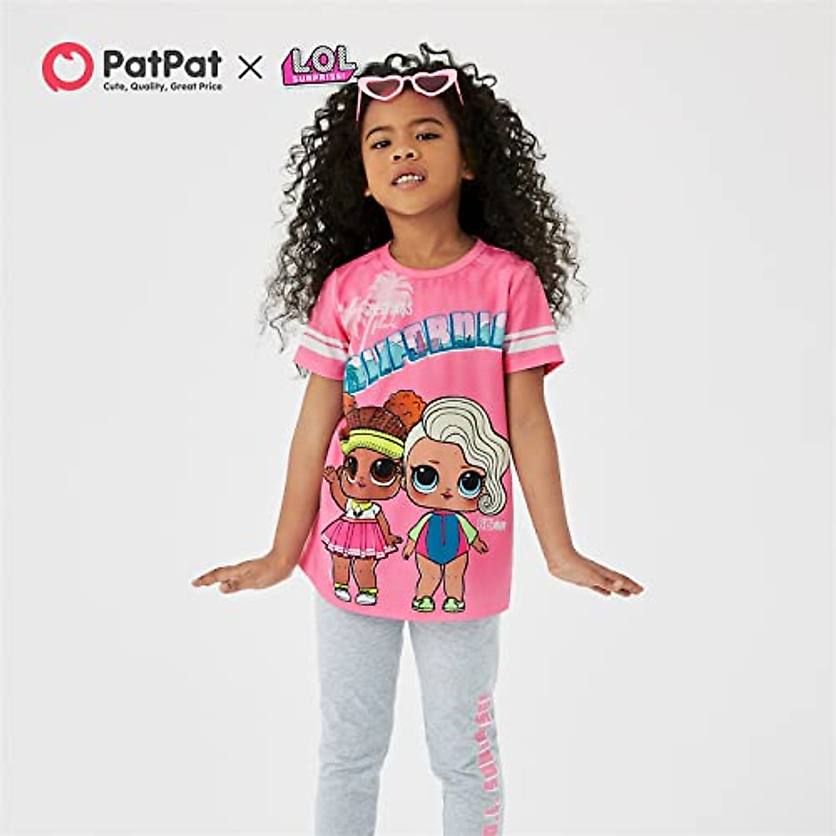 L.O.L. Surprise! 2pcs Kid Girl Clothes Letter Print Striped Short Sleeve Pink Tee Top and Pants Set Dark Pink 5-6 Years