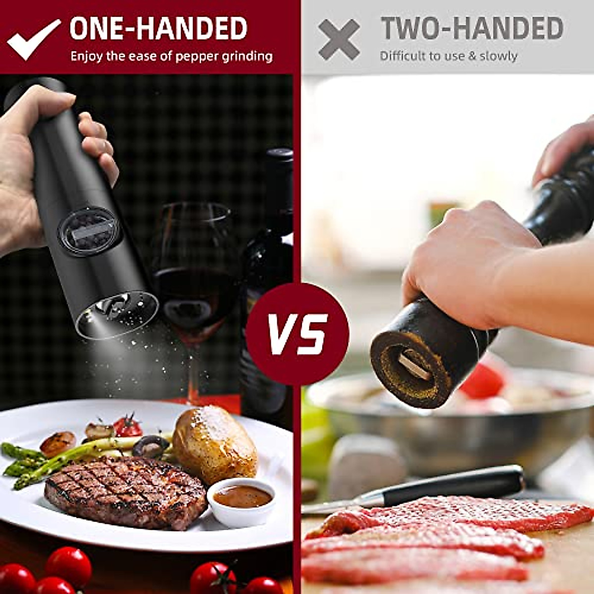 TLCCV Electric Salt and Pepper Grinder Set Rechargeable Automatic Black Salt & Pepper Mill 2 Pcs with Charging Base, Type-C USB Cables, LED Lights, Adjustable Coarseness, One Hand Operation