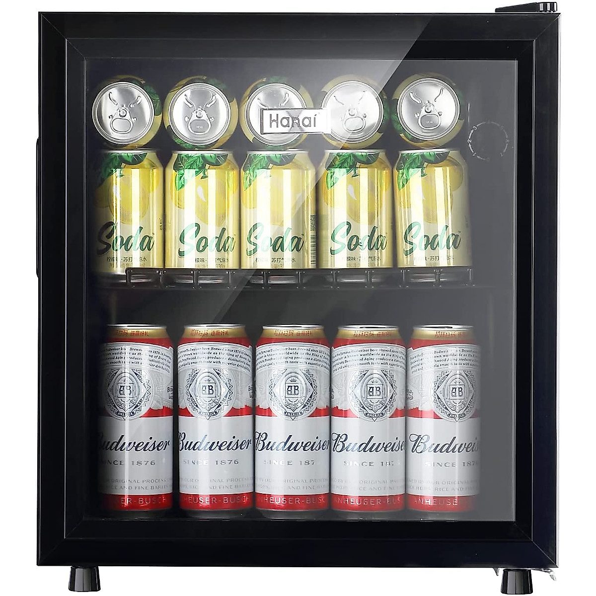 Mini Fridge Glass Door 60 Cans Beverage Cooler Refrigerator Mini Beer Fridge 1.6 cu.ft Organizer for Drinks Soda Wine Small Refrigerator with Blue LED for Home Office Dorm
