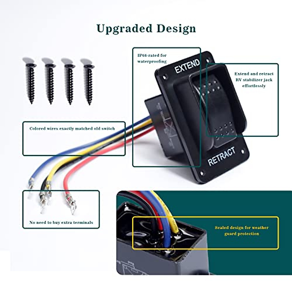 387874 Power Stabilizer Switch with Harness Replacement for Lippert Trailer Components 12V Extend Retract for RV Stabilizer Jacks IP66 Black