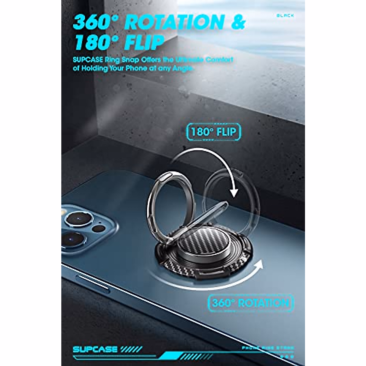SUPCASE Cell Phone Ring Holder, 360° Rotation & 180° Flip Universal Phone Ring Stand with Metal Phone Grip Compatible for Magnetic Car Mount (Black)