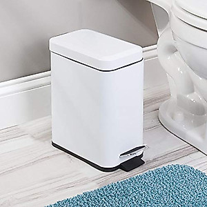 mDesign Small Modern 1.3 Gallon Rectangle Metal Lidded Step Trash Can, Compact Garbage Bin with Removable Liner Bucket and Handle for Bathroom, Kitchen, Craft Room, Office, Garage - White