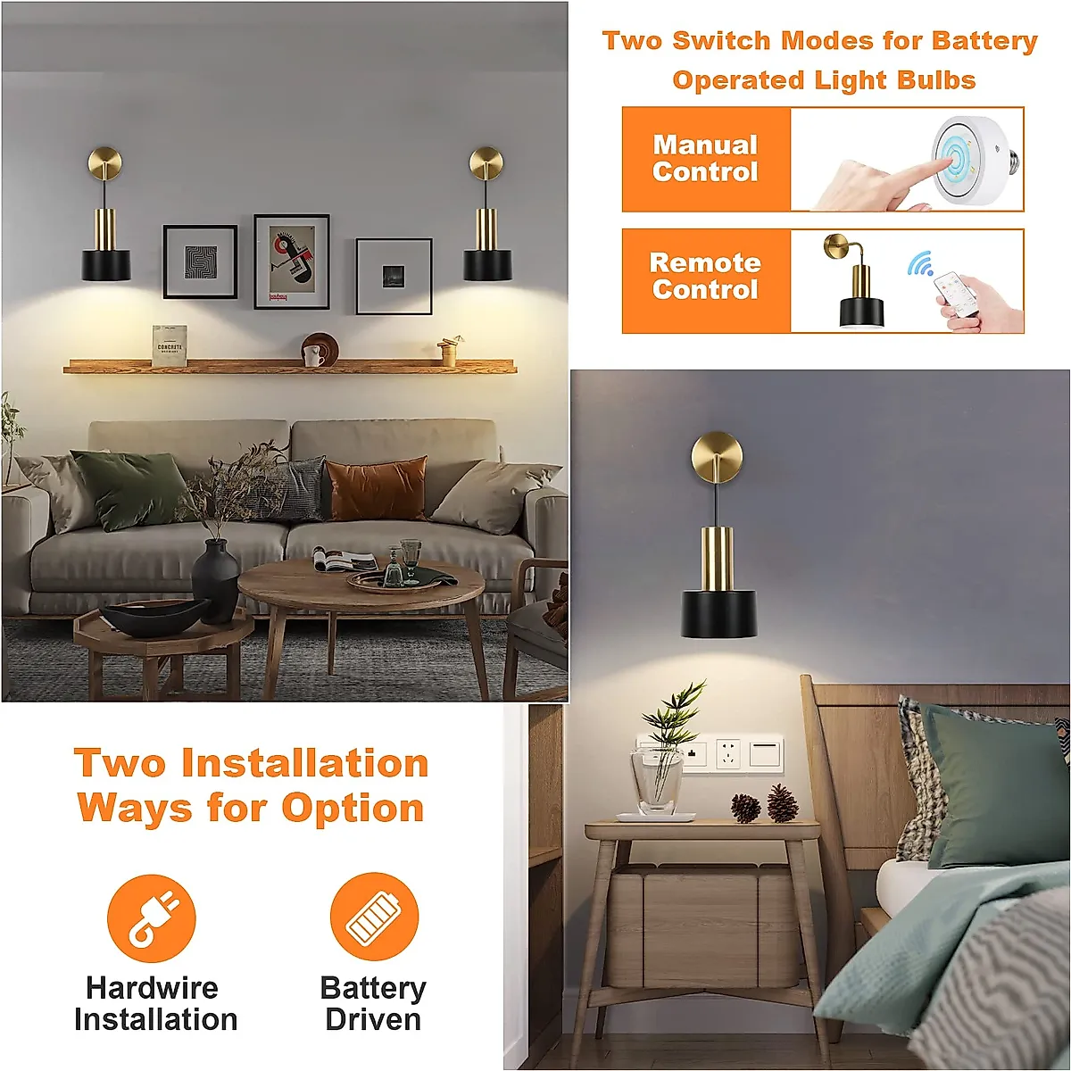 Set of 2 Battery Operated Wall Sconces, Wireless Wall Lights with Remote, Black & Gold Dimmable Wall Lamps with 3000K/4000K/6000K LED Bulbs, Modern Sconces Wall Decor for Bedroom Living Room Hallway