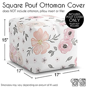 Sweet Jojo Designs Blush Pink Grey Boho Floral Girl Ottoman Pouf Cover Unstuffed Poof Floor Footstool Square Cube Pouffe Storage Baby Nursery Kids Room Bohemian Farmhouse Shabby Chic Watercolor White