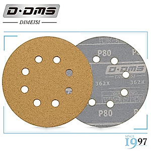 362X - 5 Inch 8 Hole Gold Sanding Discs, 10 Each of 80 120 220 320 400 Grit Sandpaper Discs, 50PCS Hook and Loop Orbital Sander Pads for Woodworking - D DMS DIMEISI
