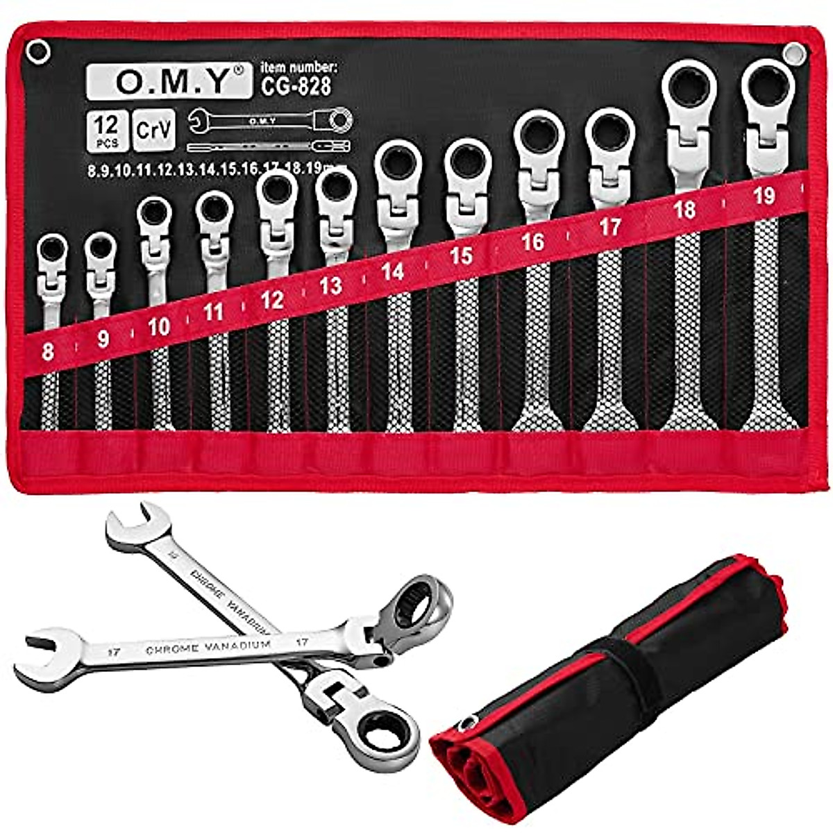 SmarketBuy Ratcheting Wrench Set 12Pcs, Multifuctional Combination Ended Spanner Kit Metric 8-19MM Chrome Vanadium Steel Flex-Head Ratchet Wrenches with Carrying Bag