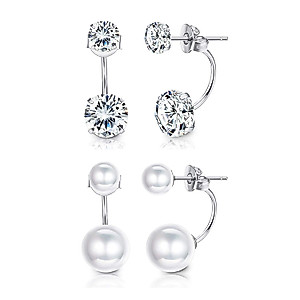 Sllaiss 2 Pairs Sterling Silver Double Ball Ear Jacket Earrings Set Cubic Zirconia Round Pearl Jewelry for Women (Silver)